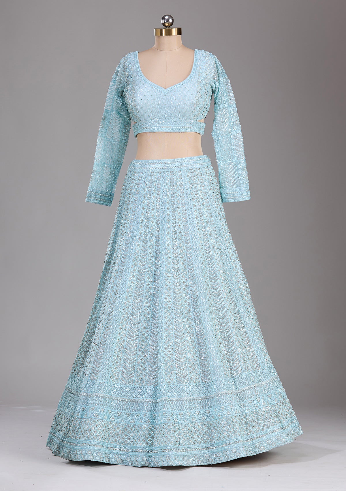 Buy Sky Blue georgette Threadwork Readymade Lehenga - Koskii