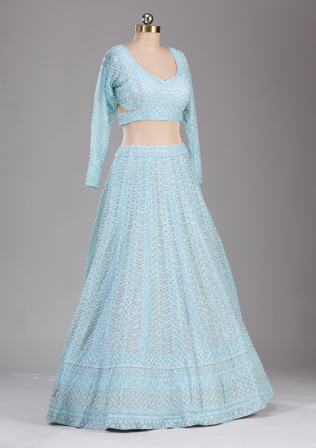 Buy Sky Blue georgette Threadwork Readymade Lehenga - Koskii