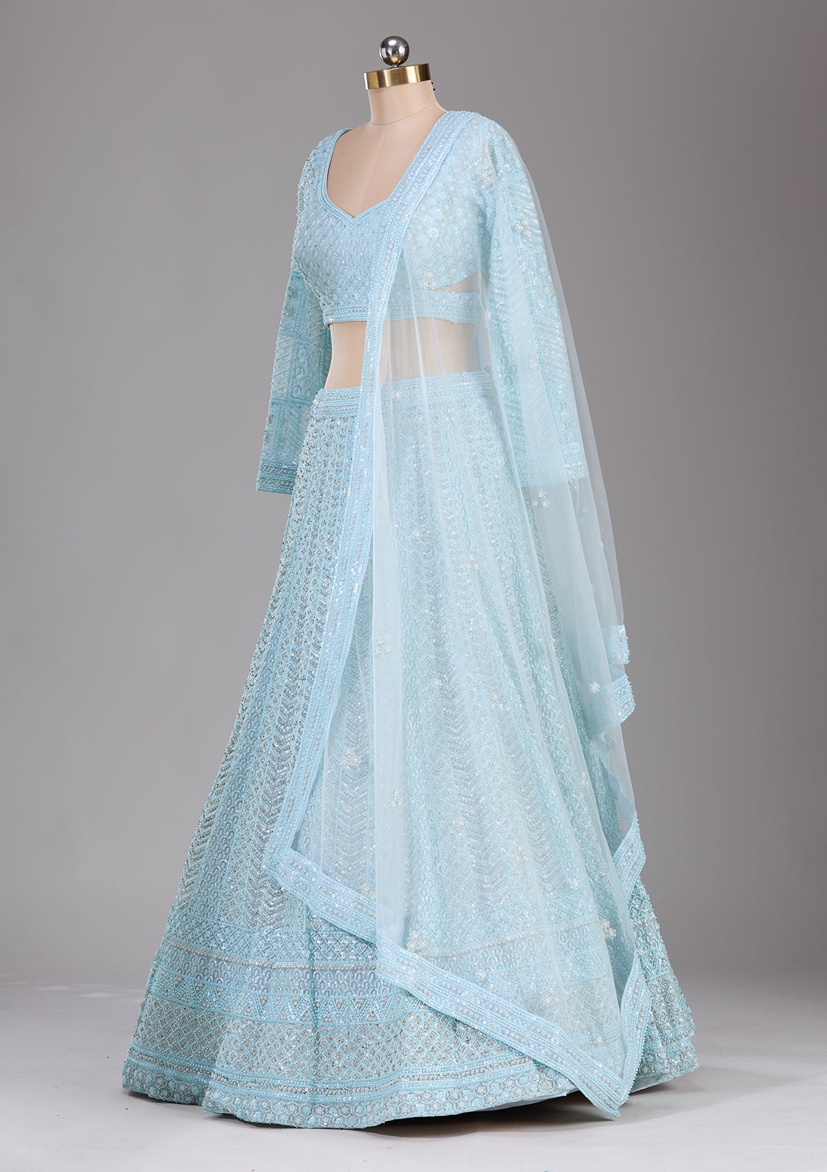 Buy Sky Blue georgette Threadwork Readymade Lehenga - Koskii