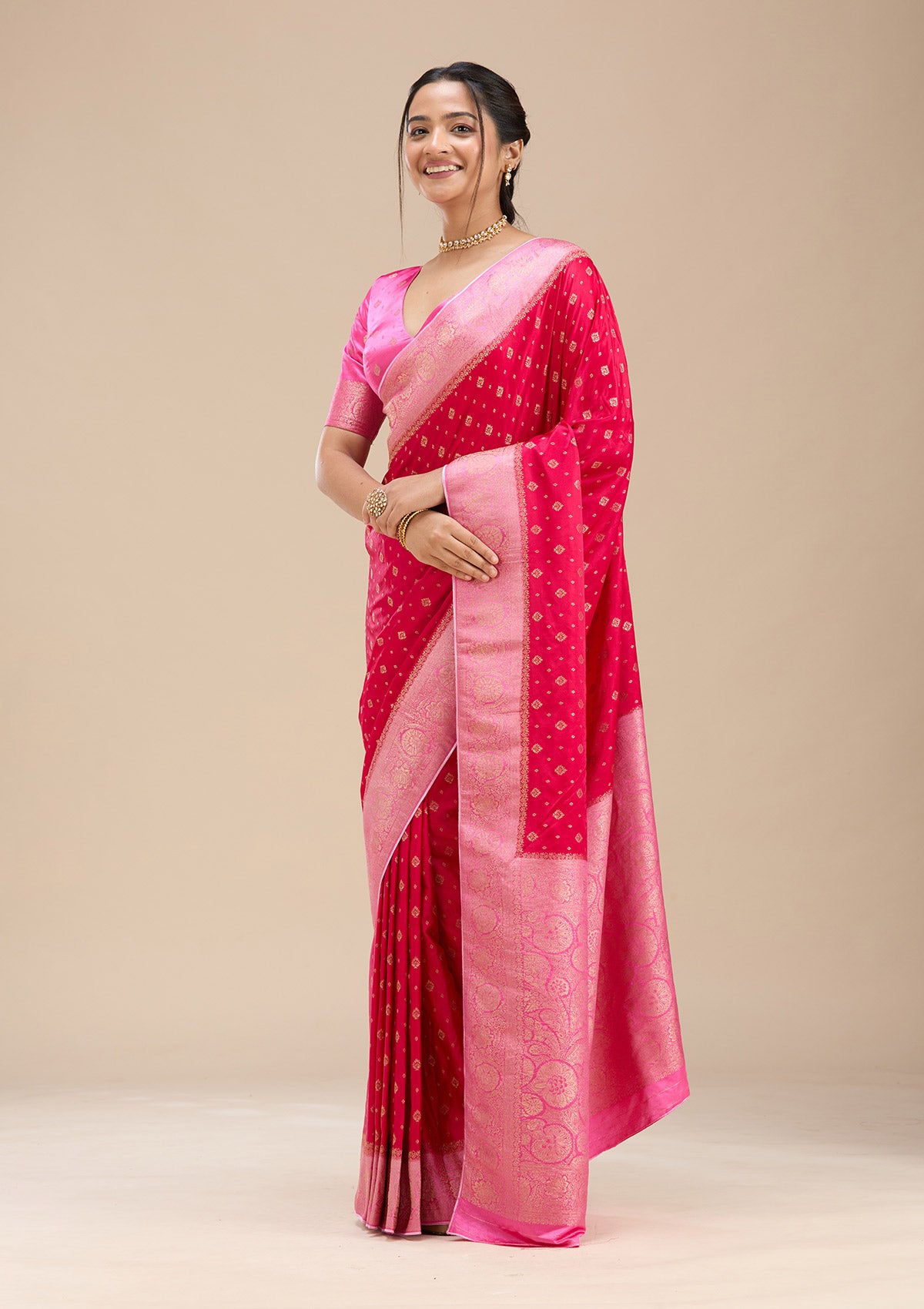 Buy Rani Pink Banarasi Satin Silk Saree - Koskii