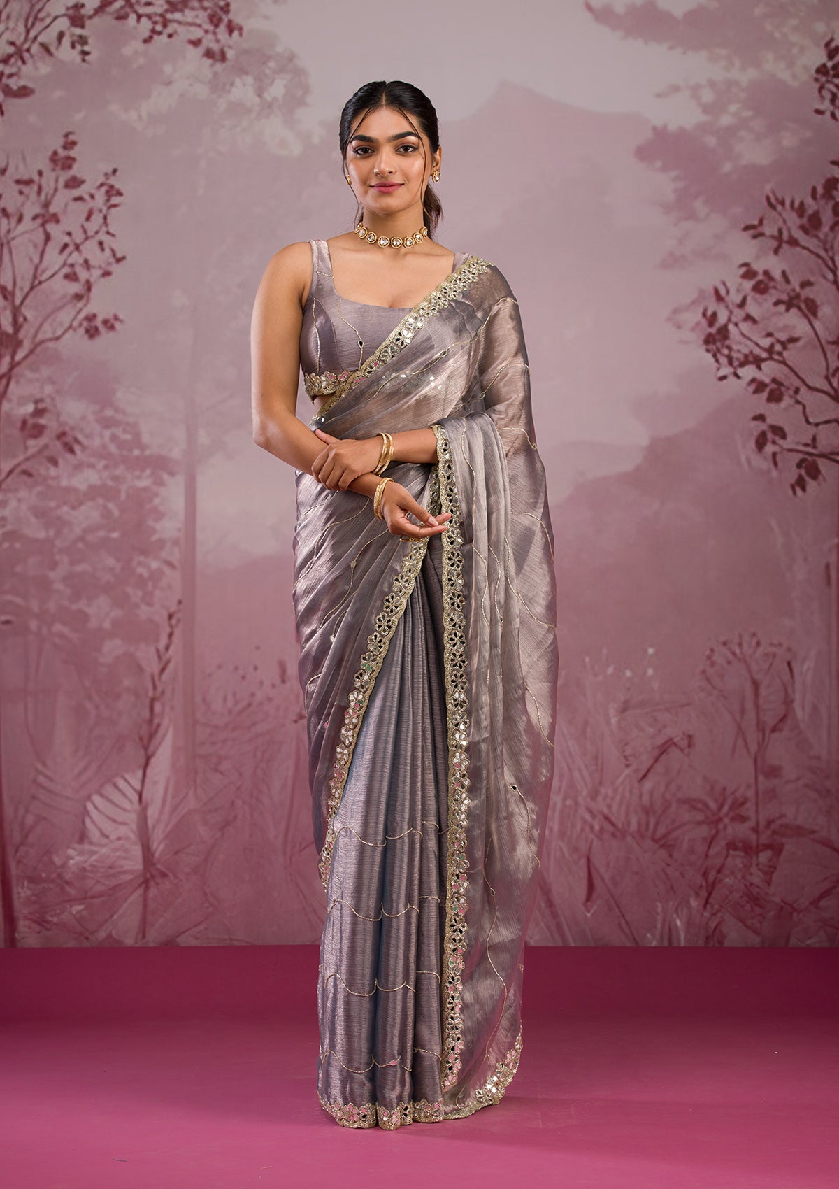 Buy Grey Mirrorwork Georgette Saree - Koskii