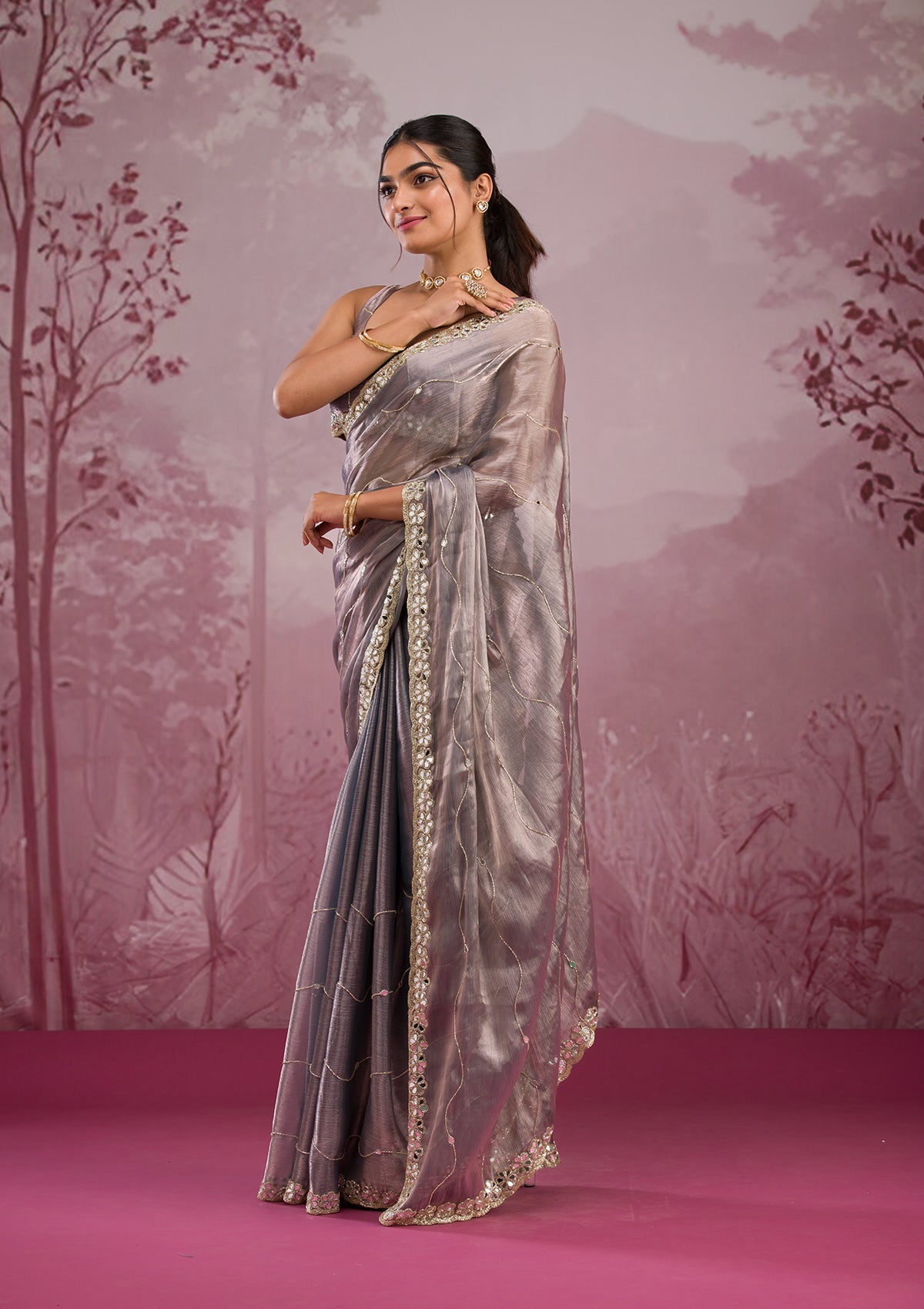 Buy Grey Mirrorwork Georgette Saree - Koskii