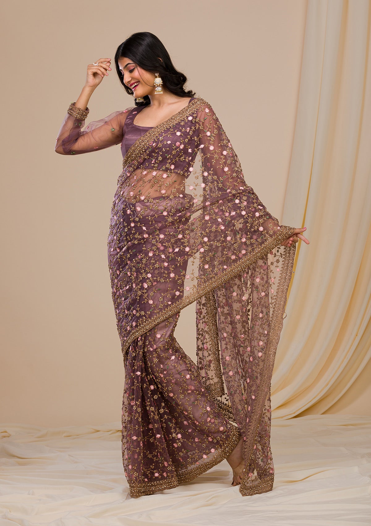 Buy Lavender Stonework Net Saree - Koskii