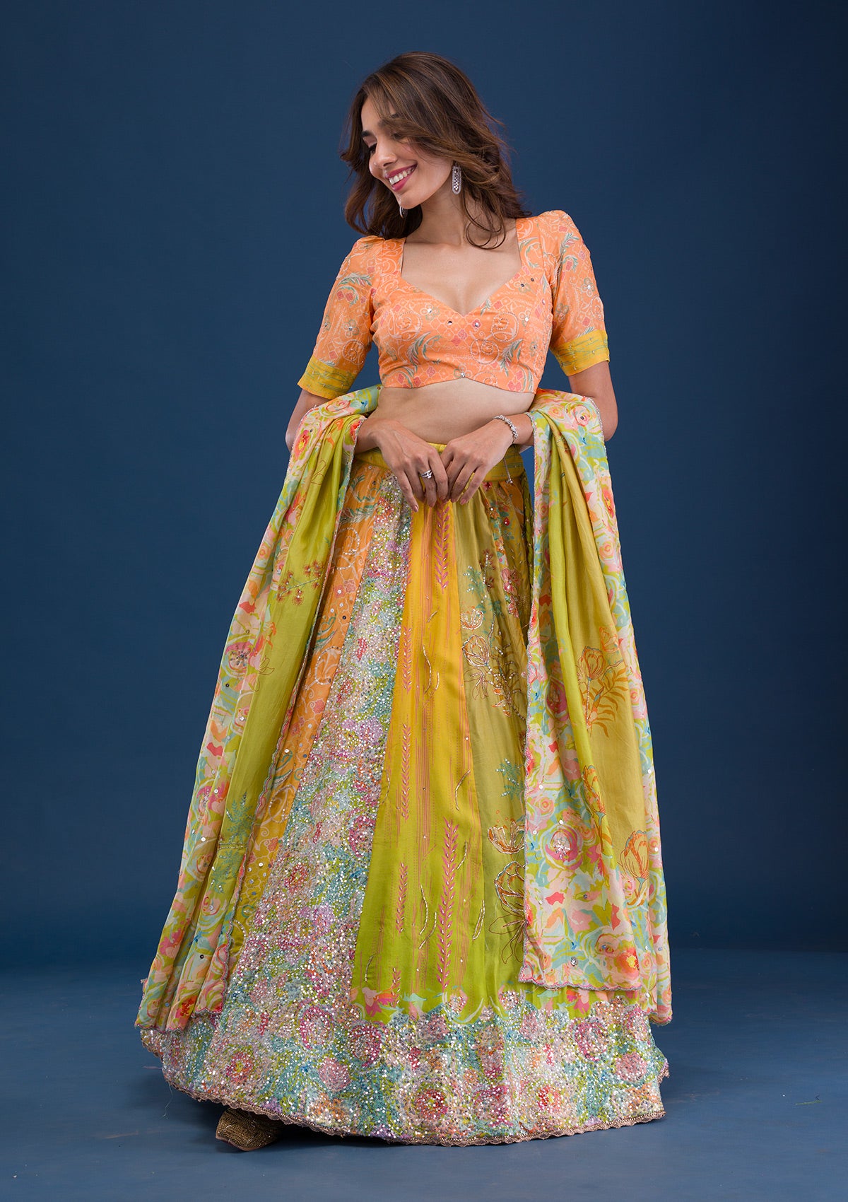 Buy Lemon Yellow Print Crepe Semi Stitched Lehenga - Koskii