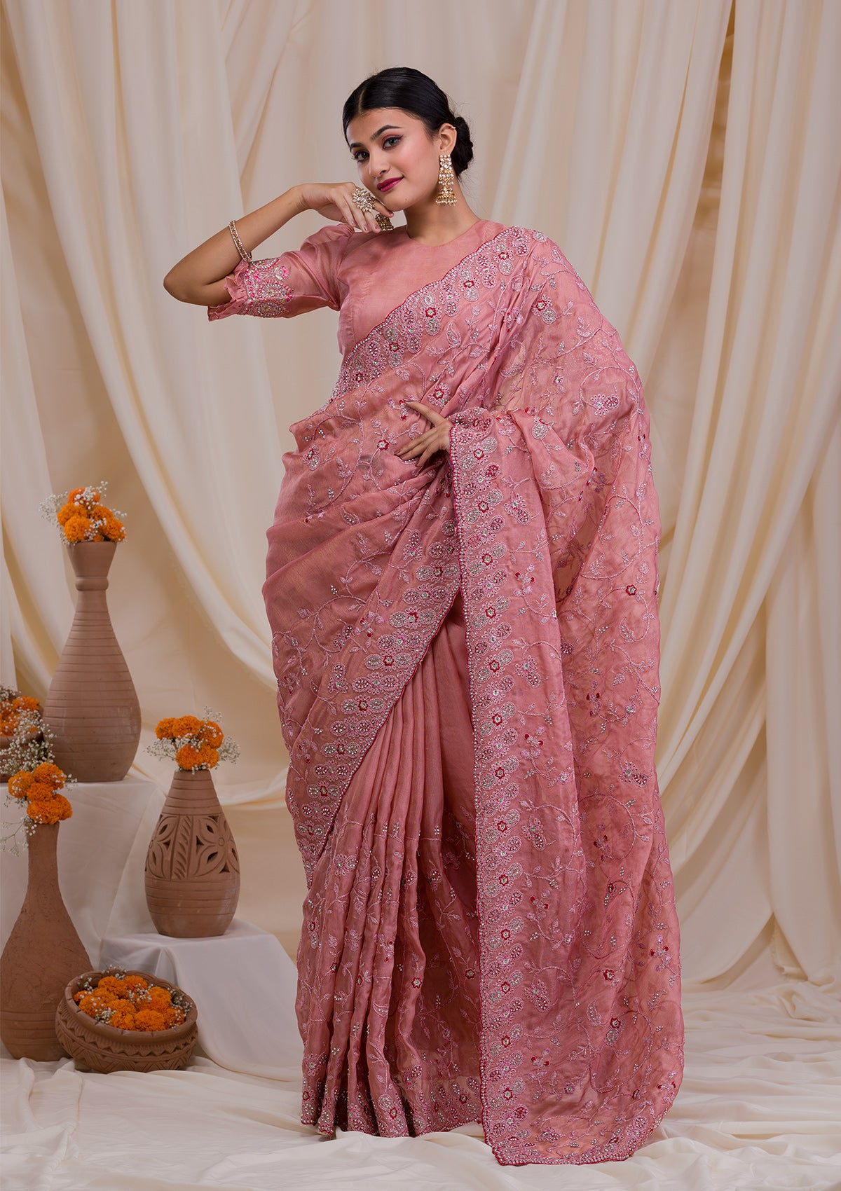 Buy Onion Pink Stonework Net Saree - Koskii