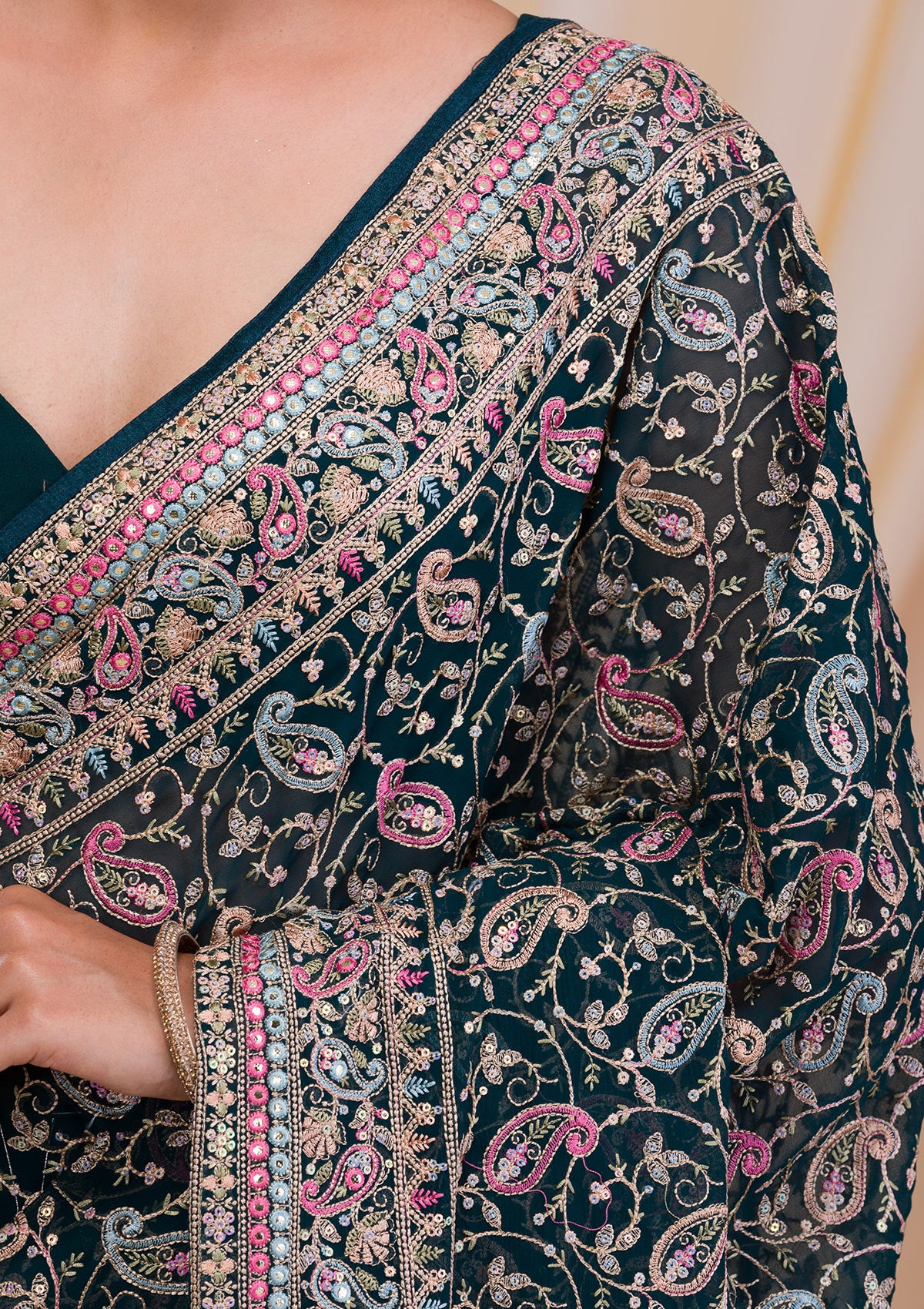 Buy Peacock Green Threadwork Georgette Saree Koskii