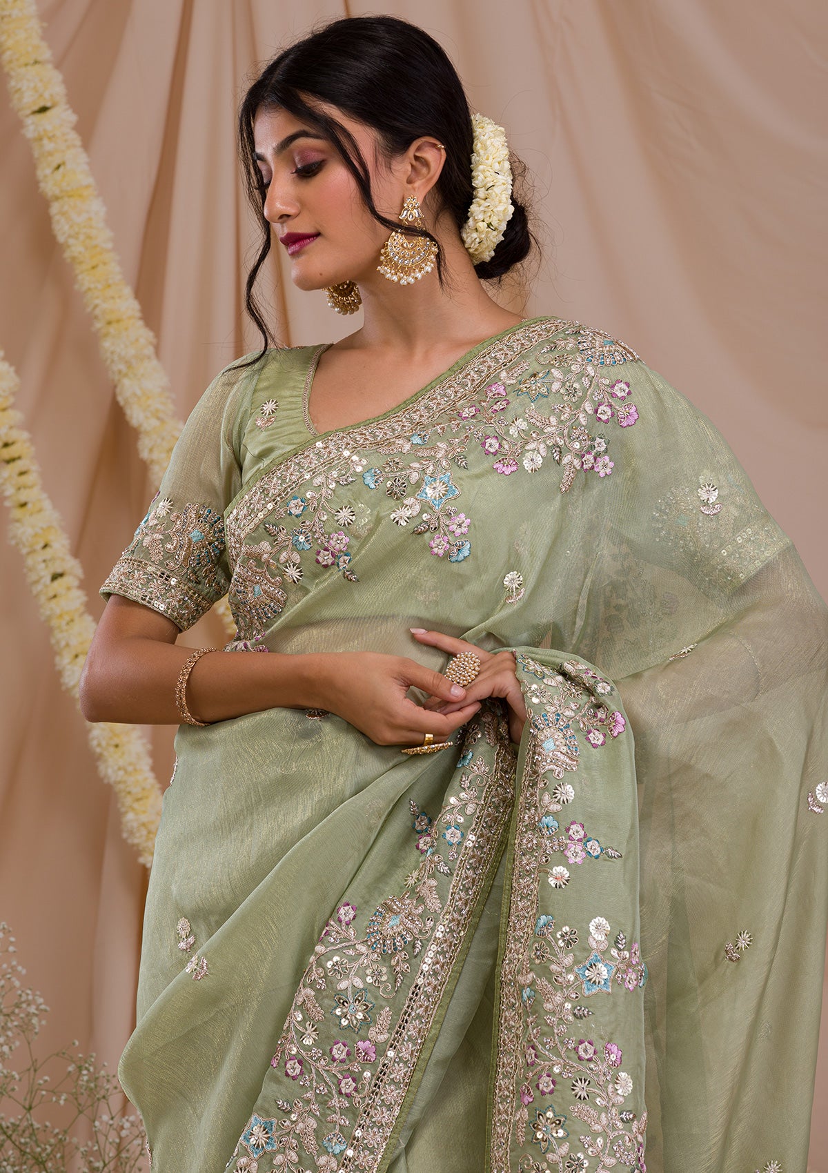 Buy Pista Green Zariwork Net Saree - Koskii