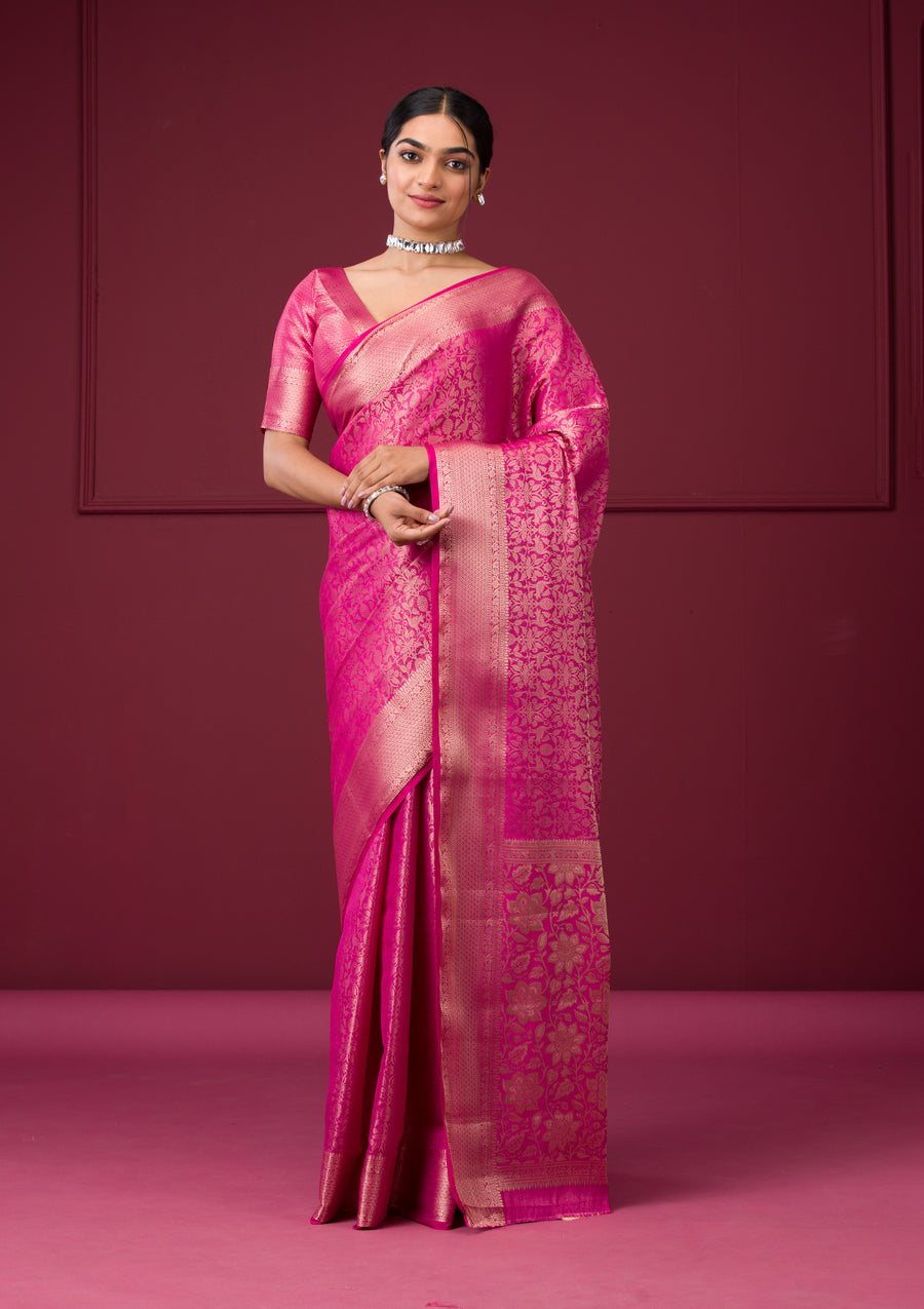 Buy Rani Pink Zariwork Soft Silk Saree - Koskii