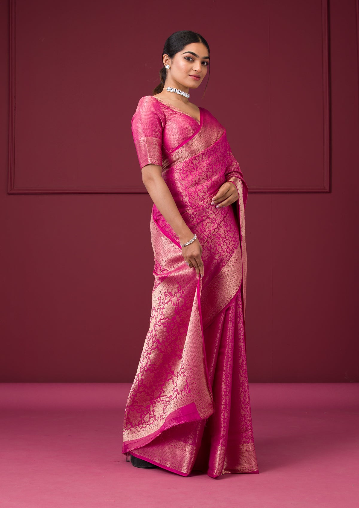 Buy Rani Pink Zariwork Soft Silk Saree - Koskii