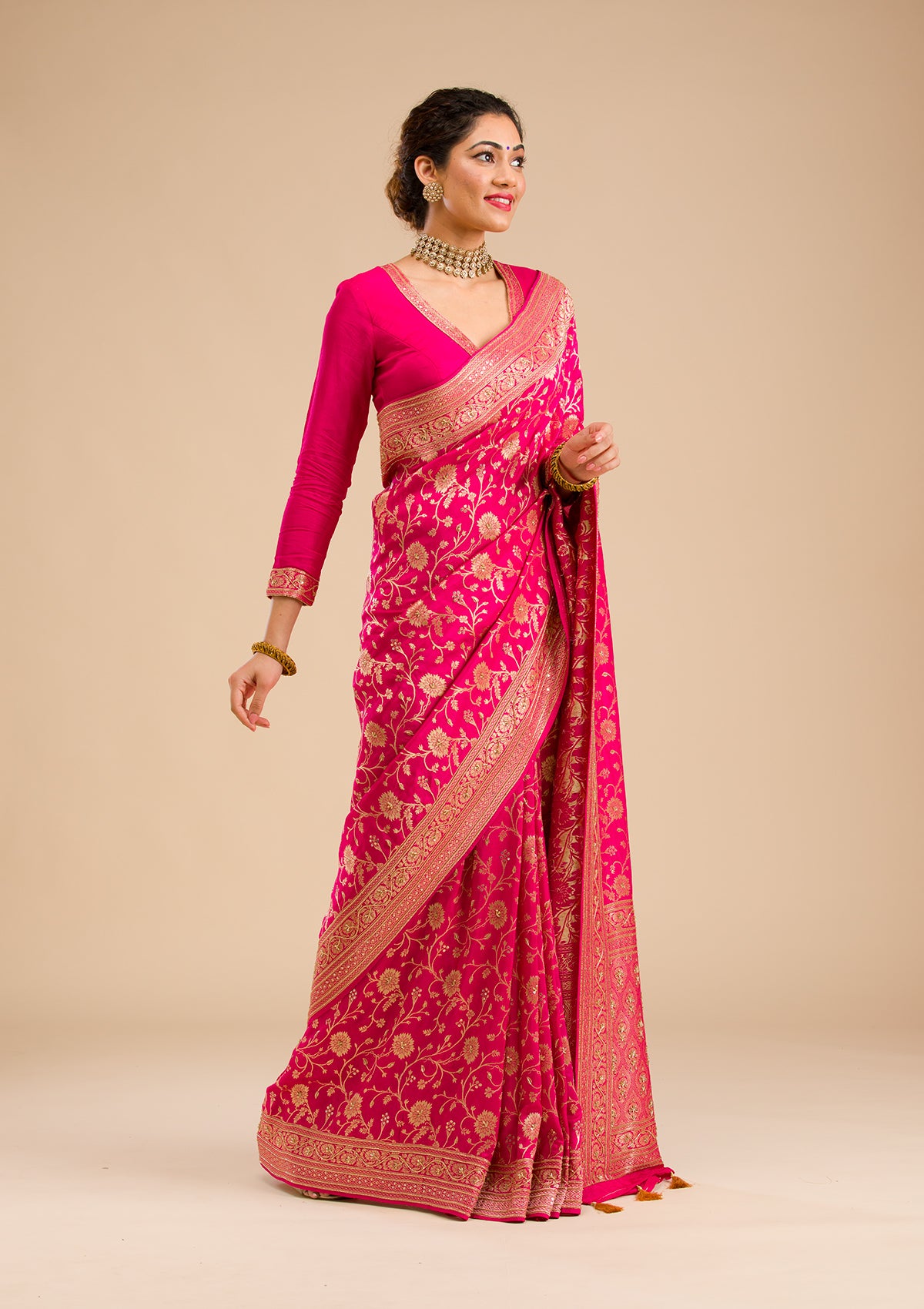 Buy Rani Pink Zariwork Banarasi Silk Saree - Koskii