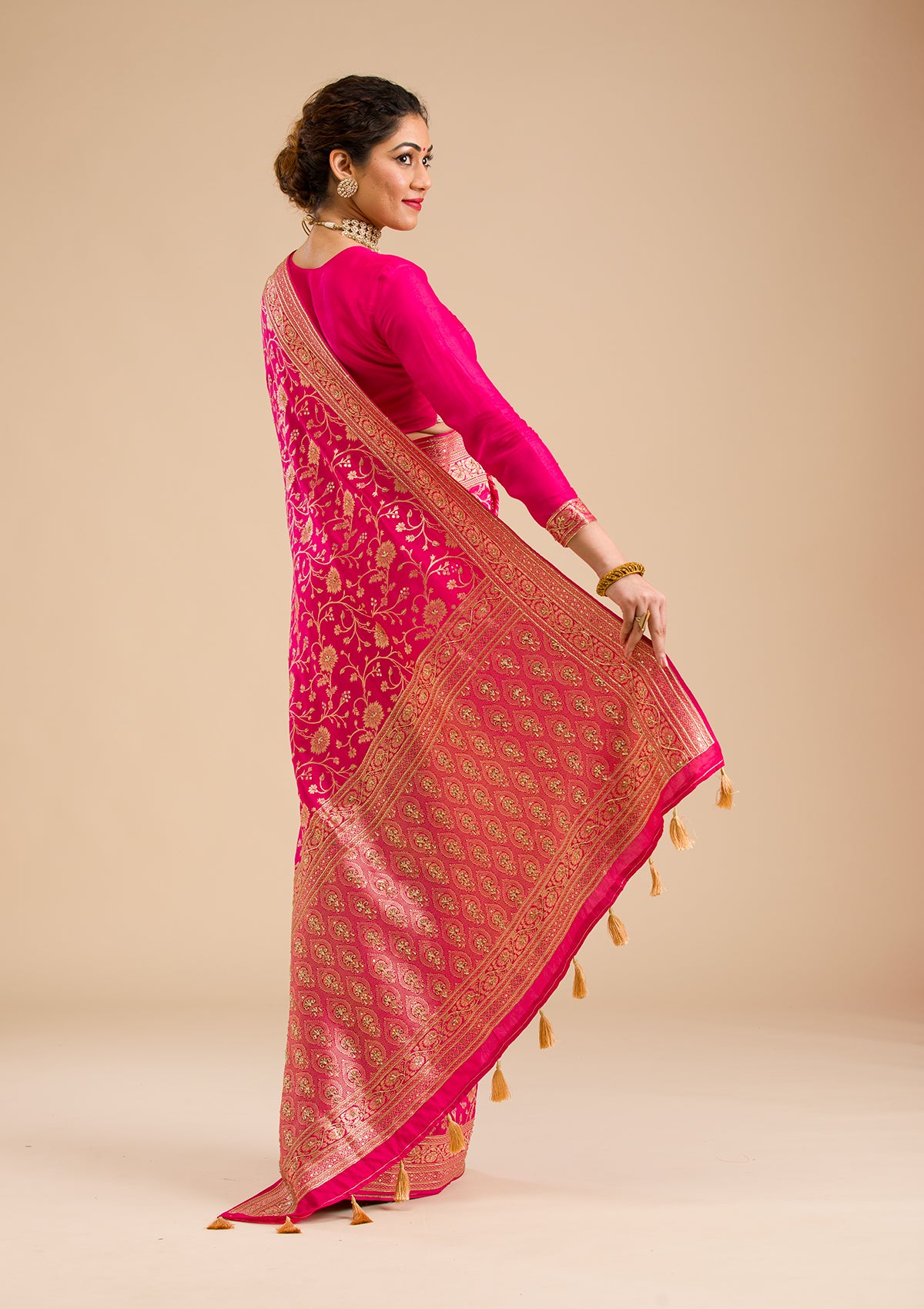 Buy Rani Pink Zariwork Banarasi Silk Saree - Koskii