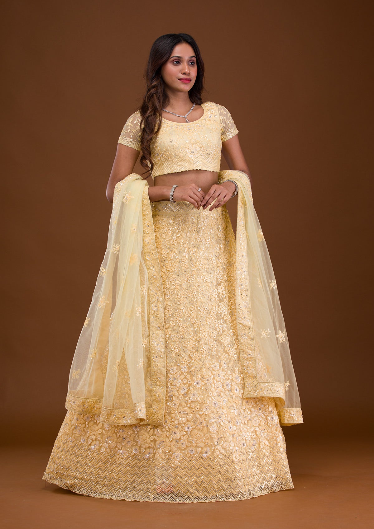 Buy Yellow Sequins Net Readymade Lehenga - Koskii