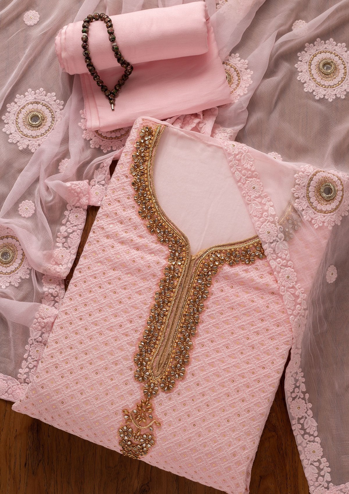 Buy Baby Pink Stonework Georgette Unstitched Salwar Suit - Koskii