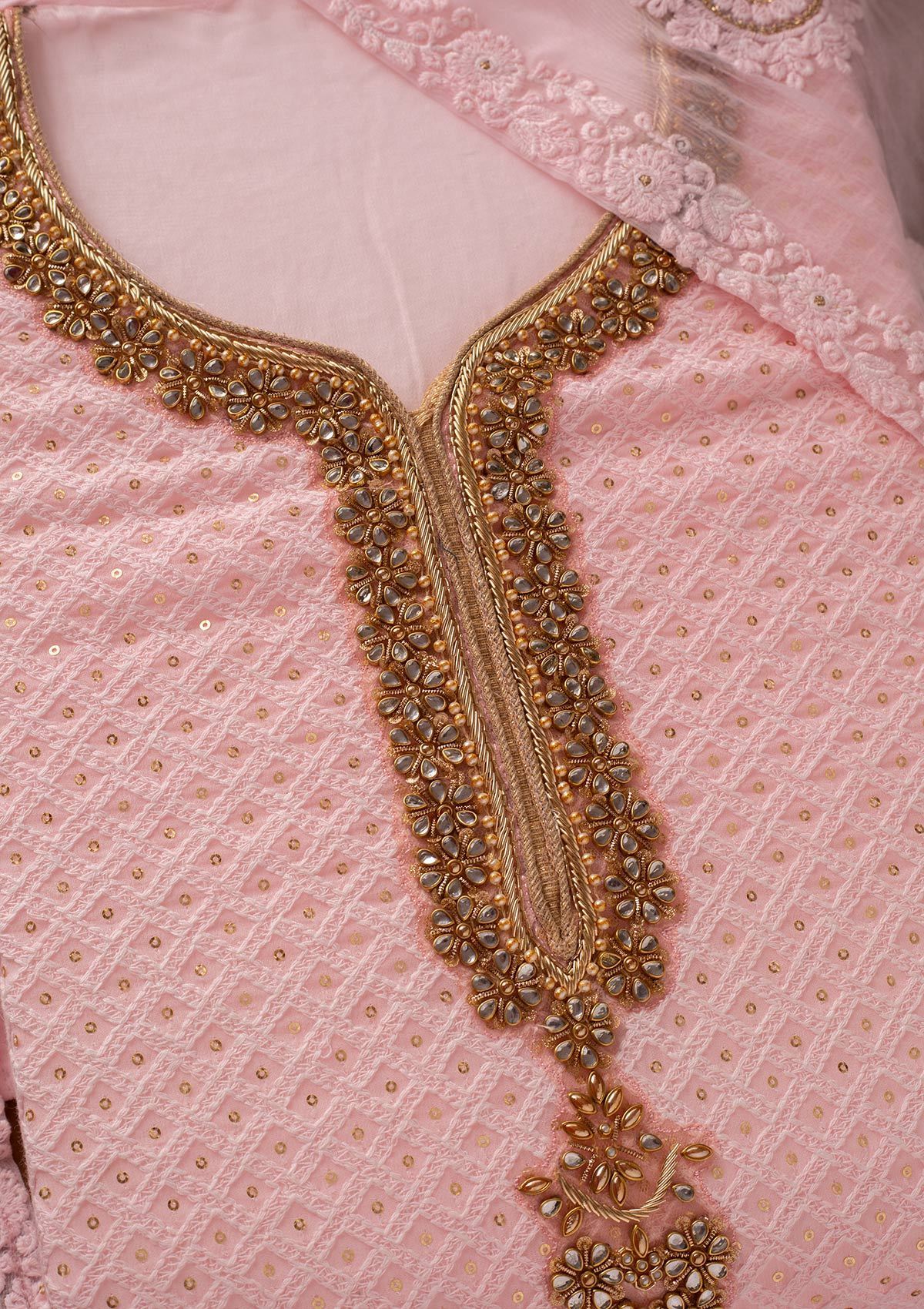 Buy Baby Pink Stonework Georgette Unstitched Salwar Suit - Koskii