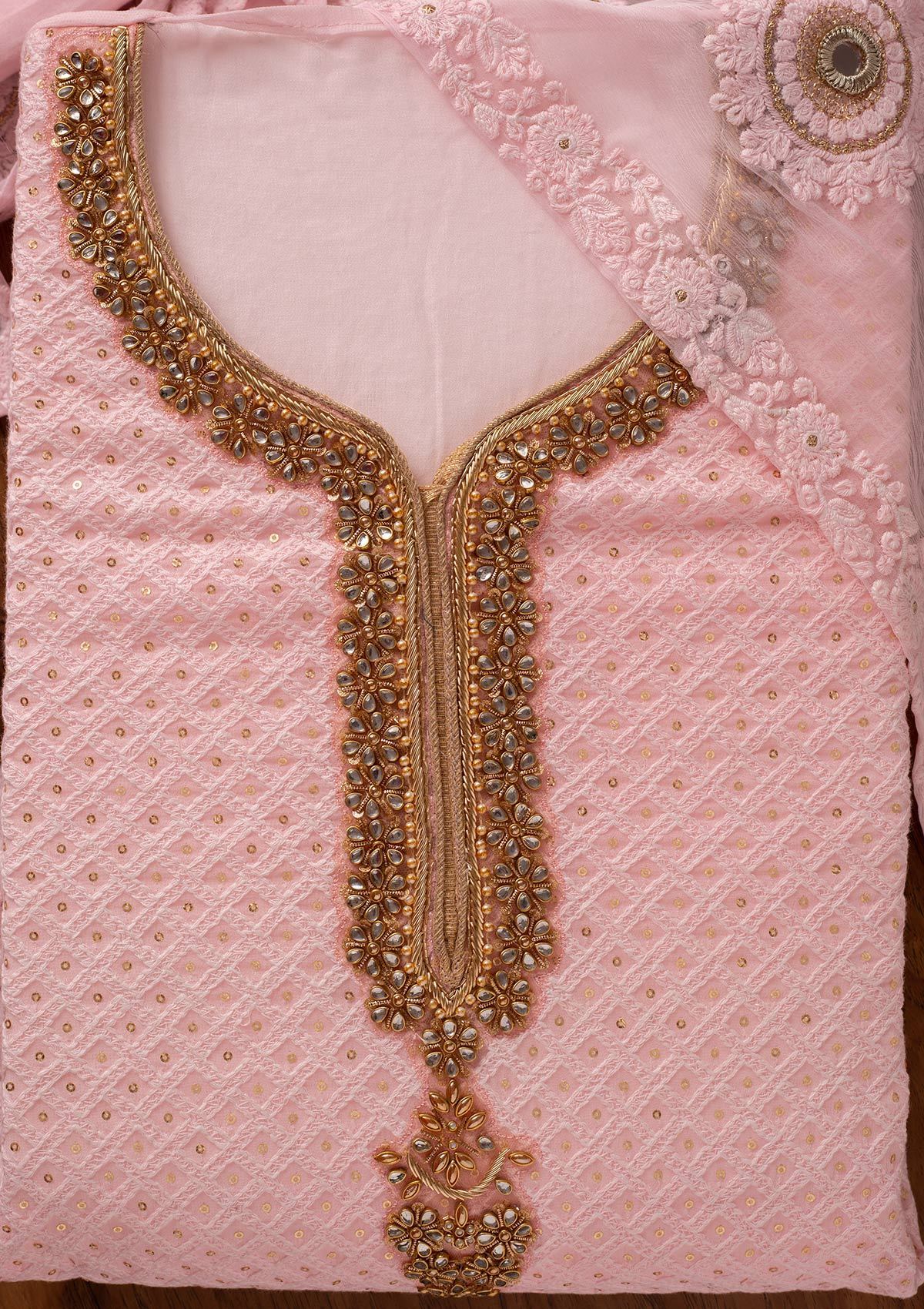 Buy Baby Pink Stonework Georgette Unstitched Salwar Suit - Koskii