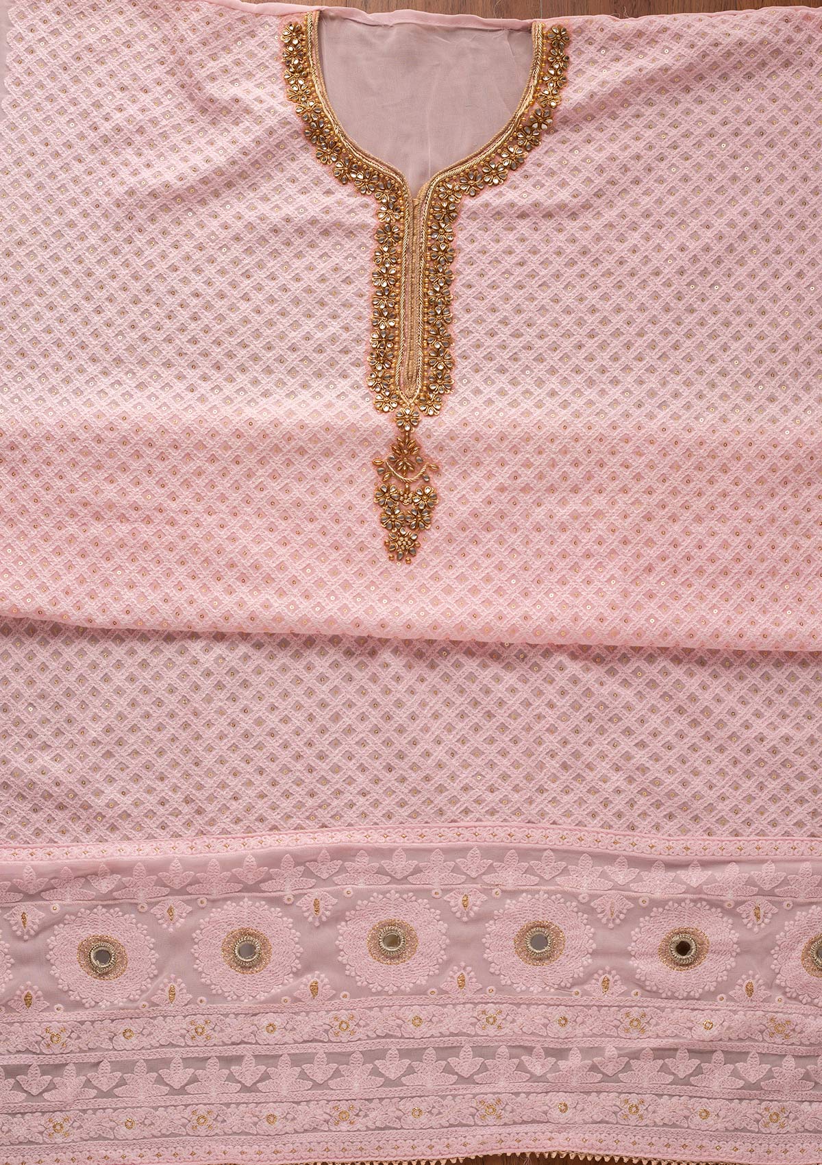 Buy Baby Pink Stonework Georgette Unstitched Salwar Suit - Koskii