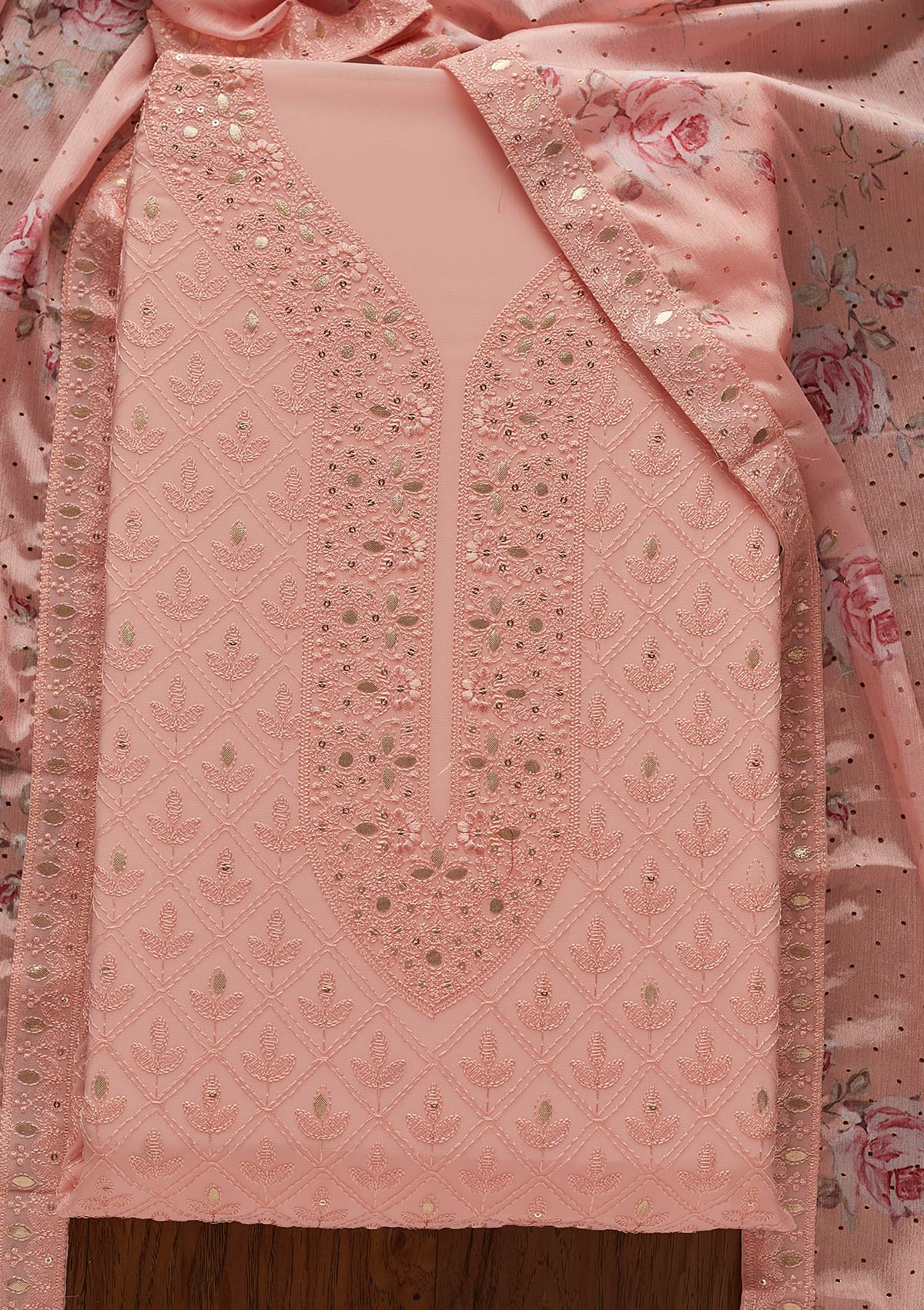 Buy Baby Pink Threadwork Georgette Unstitched Salwar Suit - Koskii