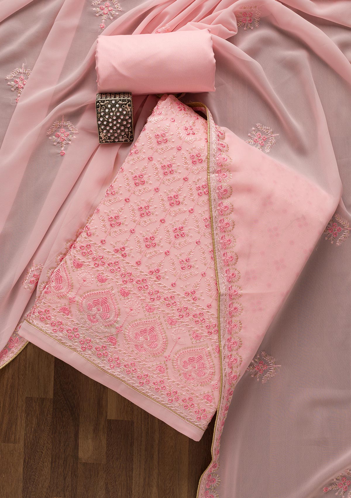 Buy Baby Pink Threadwork Georgette Unstitched Salwar Suit - Koskii