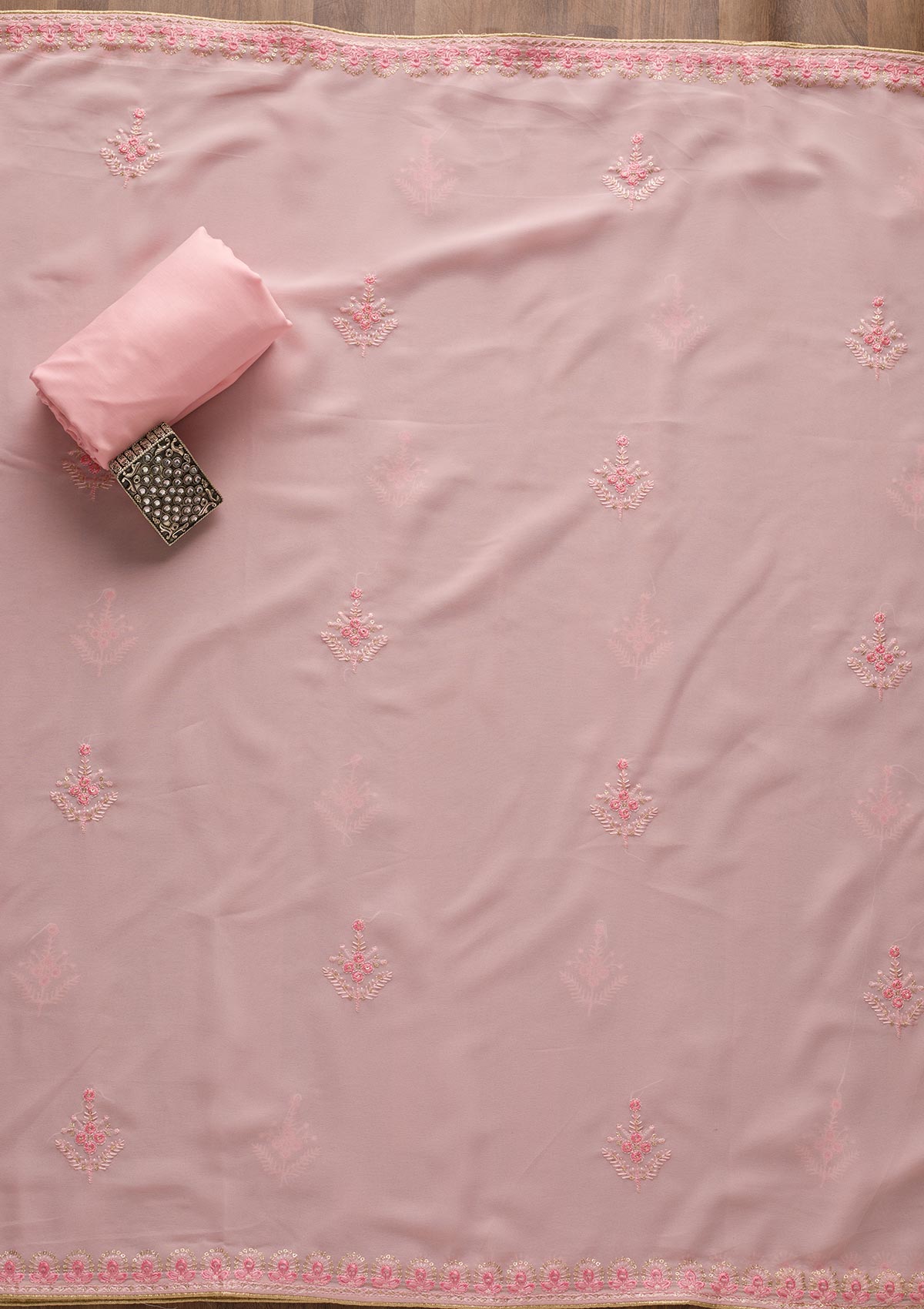 Buy Baby Pink Threadwork Georgette Unstitched Salwar Suit - Koskii