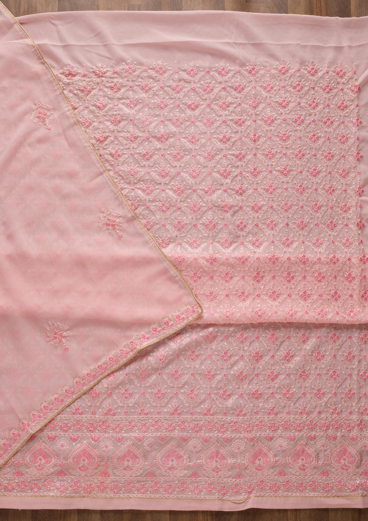 Buy Baby Pink Threadwork Georgette Unstitched Salwar Suit - Koskii