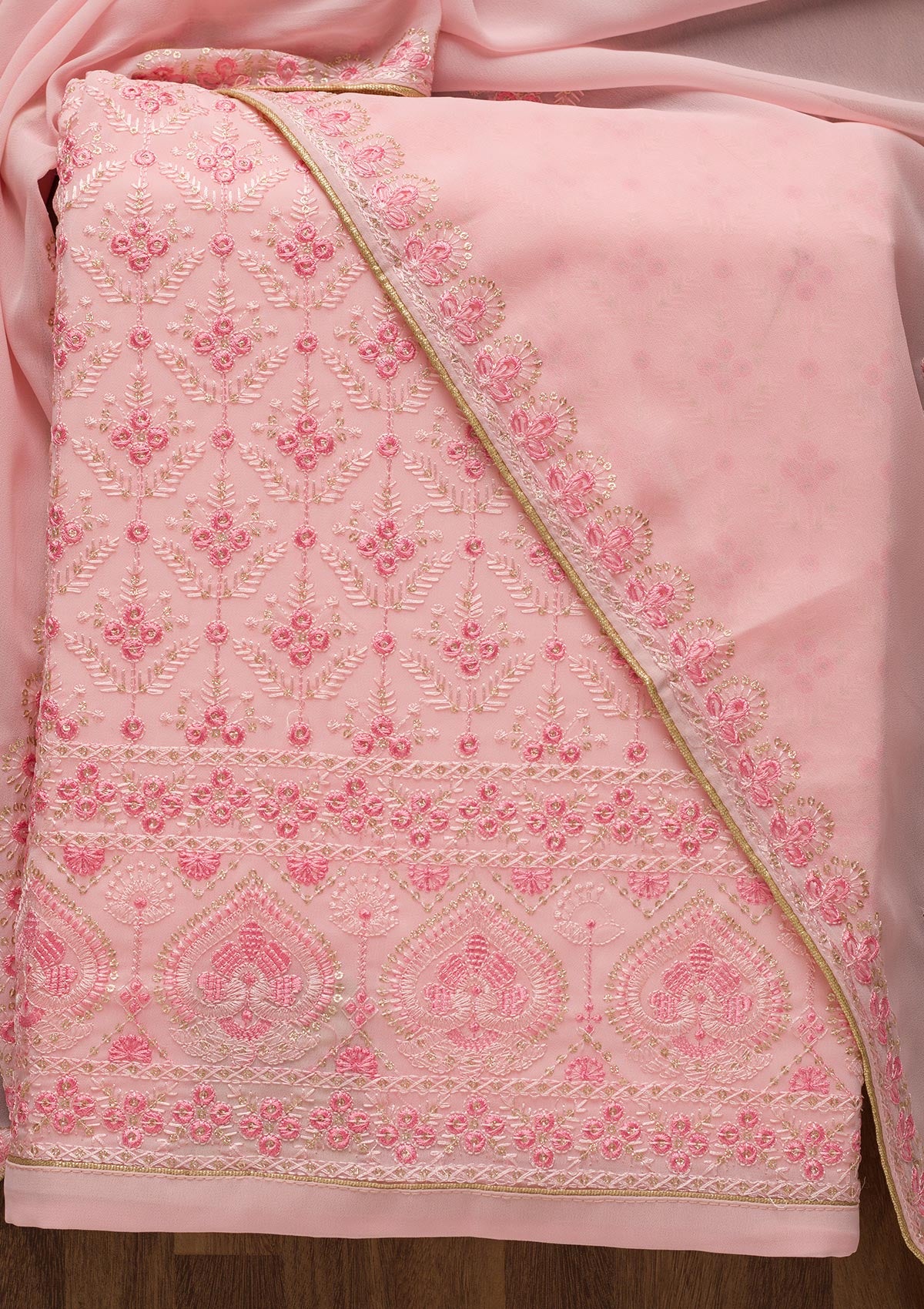 Buy Baby Pink Threadwork Georgette Unstitched Salwar Suit - Koskii