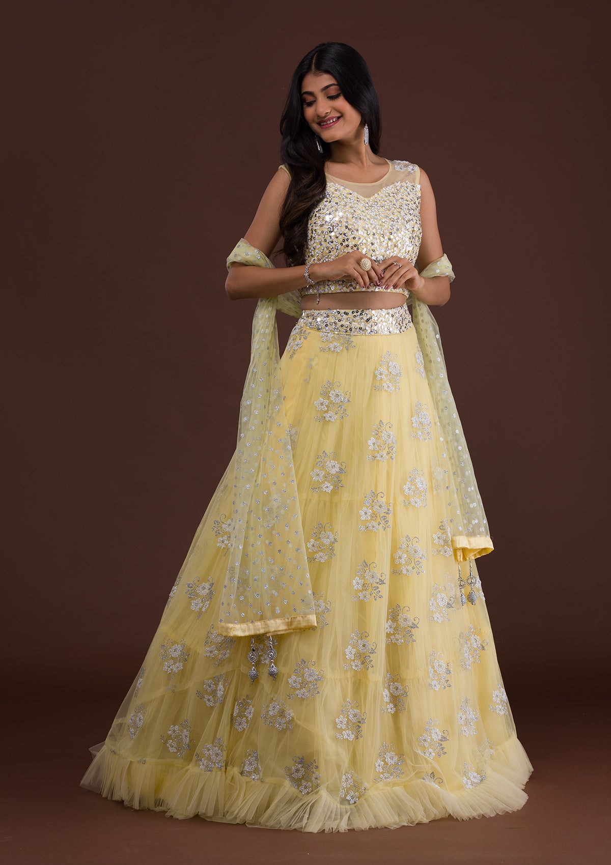 Buy Lemon Yellow Sequins Net Readymade Lehenga - Koskii