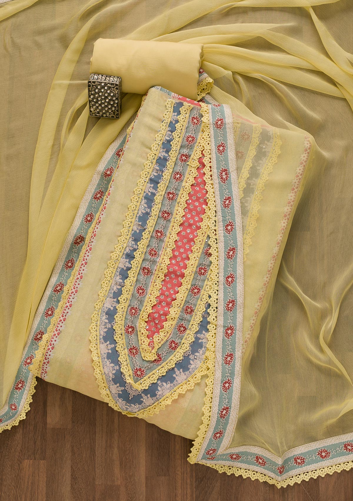 Buy Lemon Yellow Printed Poly Cotton Unstitched Salwar Suit - Koskii