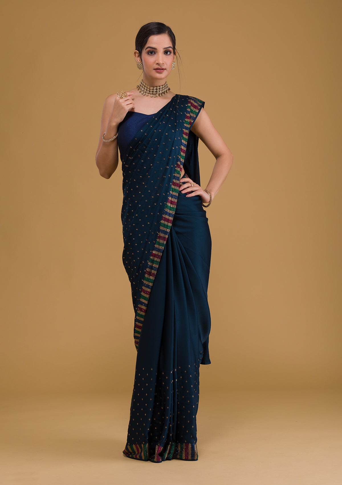 Buy Navy Blue Swarovski Semi Crepe Designer Saree - Koskii