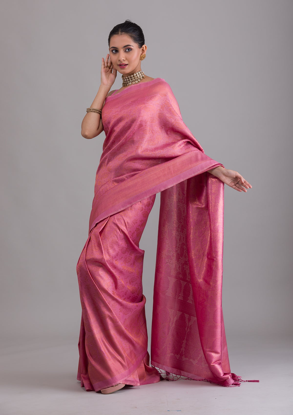 Buy Onion Pink Zariwork Banarasi Saree - Koskii