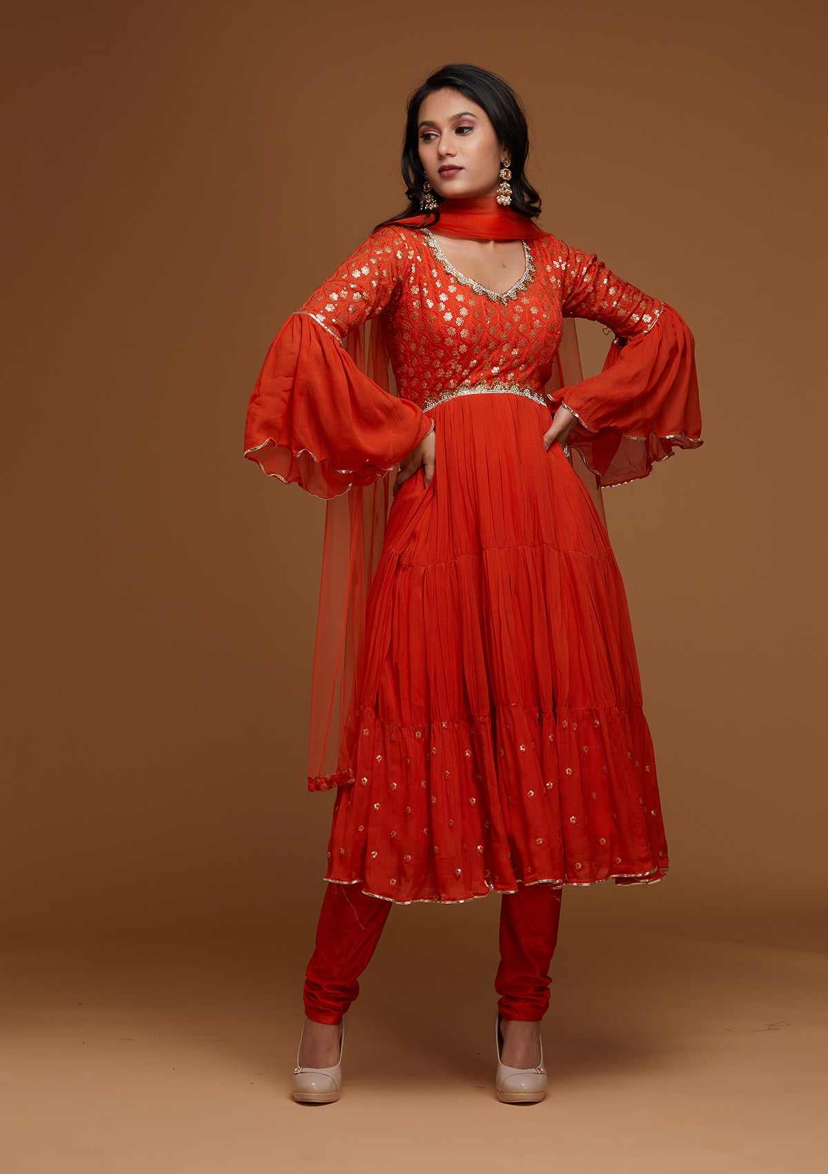 Buy Orange Zariwork Georgette Designer Anarkali Suit - Koskii