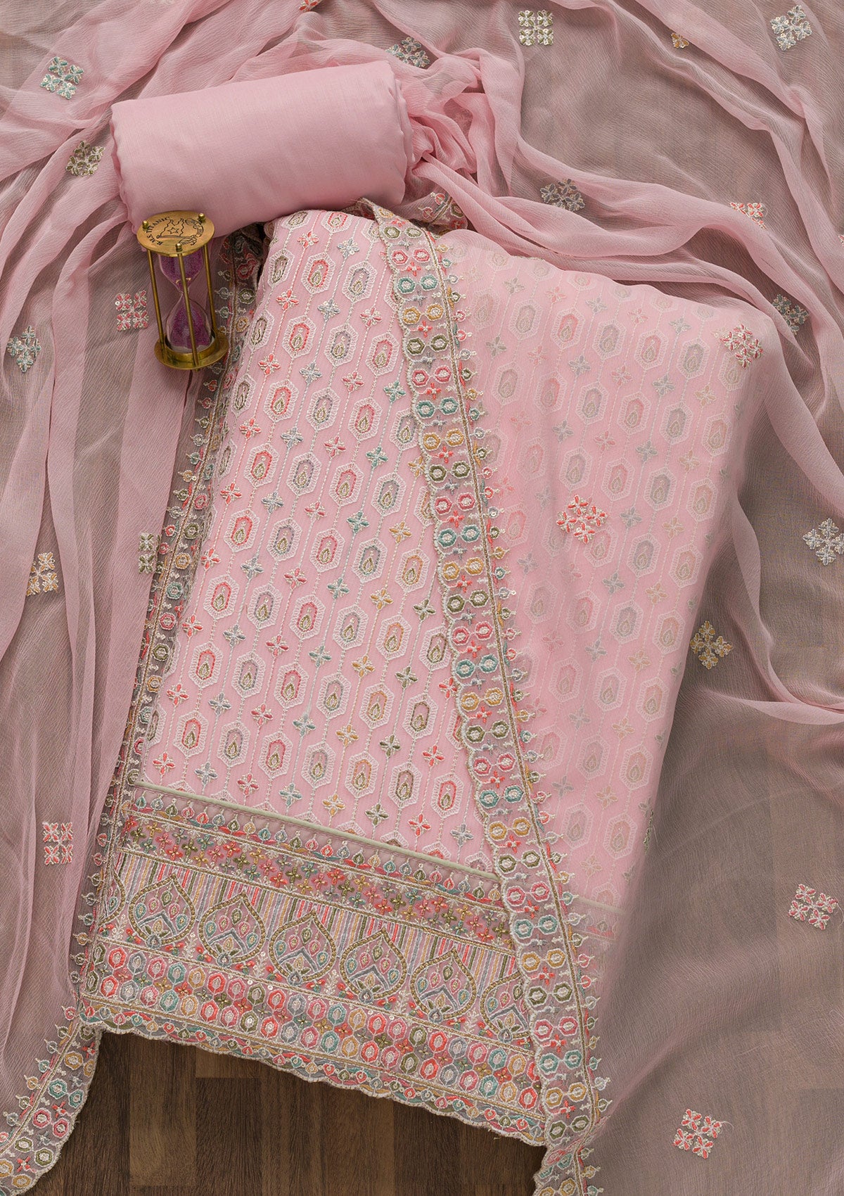 Buy Pink Threadwork Georgette Unstitched Salwar Suit - Koskii