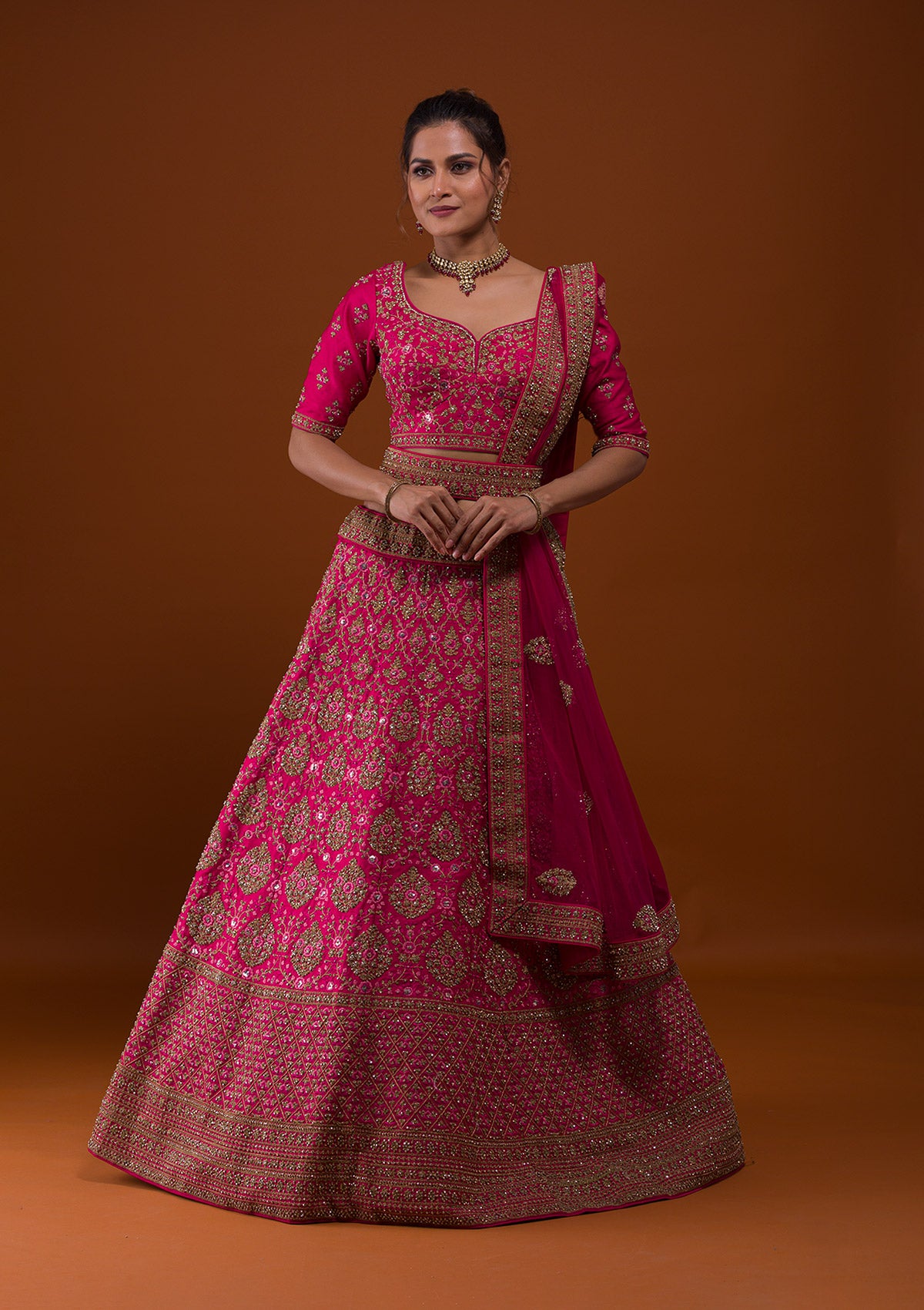 Buy Rani Pink Stonework Raw Silk Readymade Lehenga - Koskii