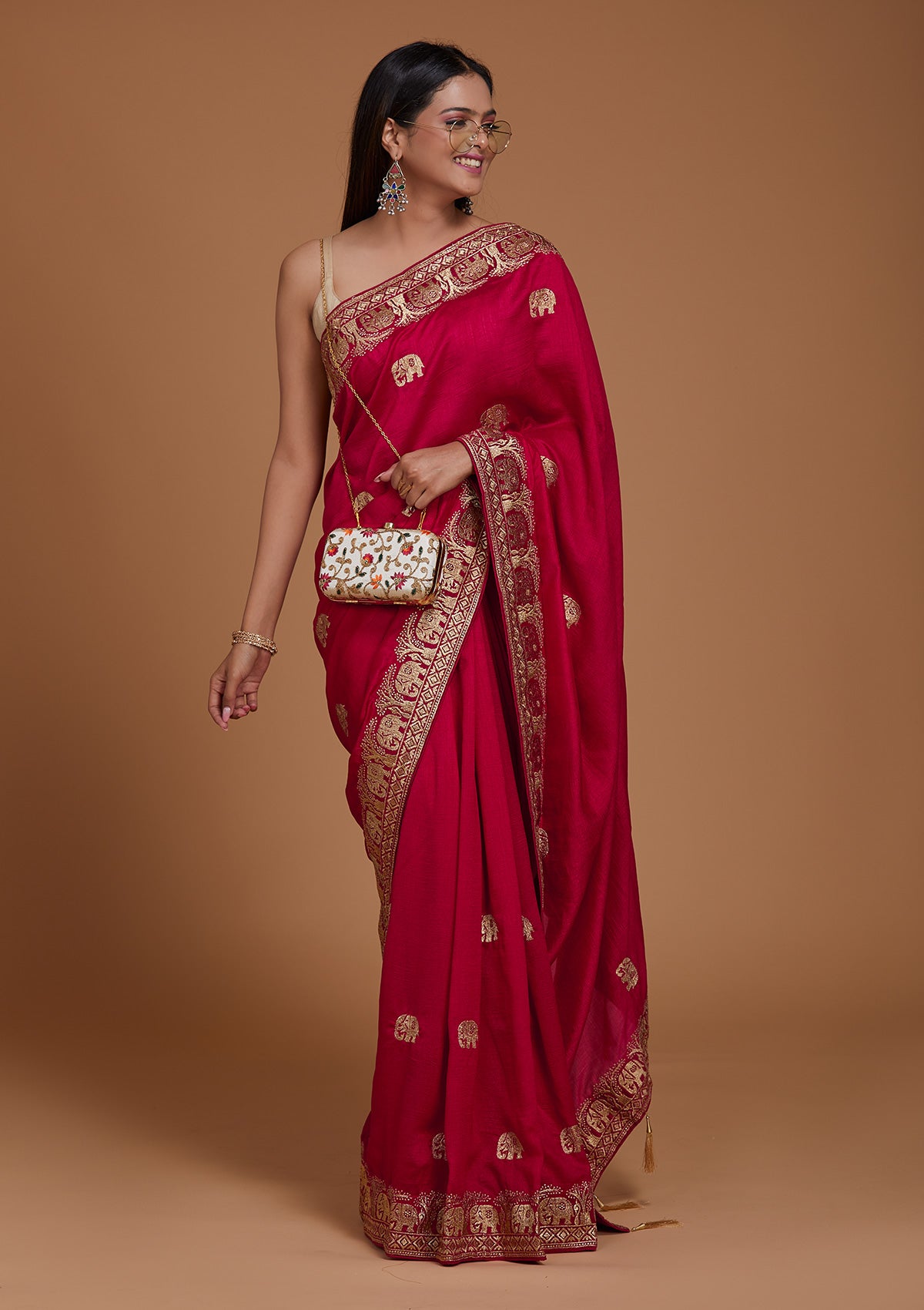 Buy Rani Pink Zari Work Raw Silk Saree - Koskii