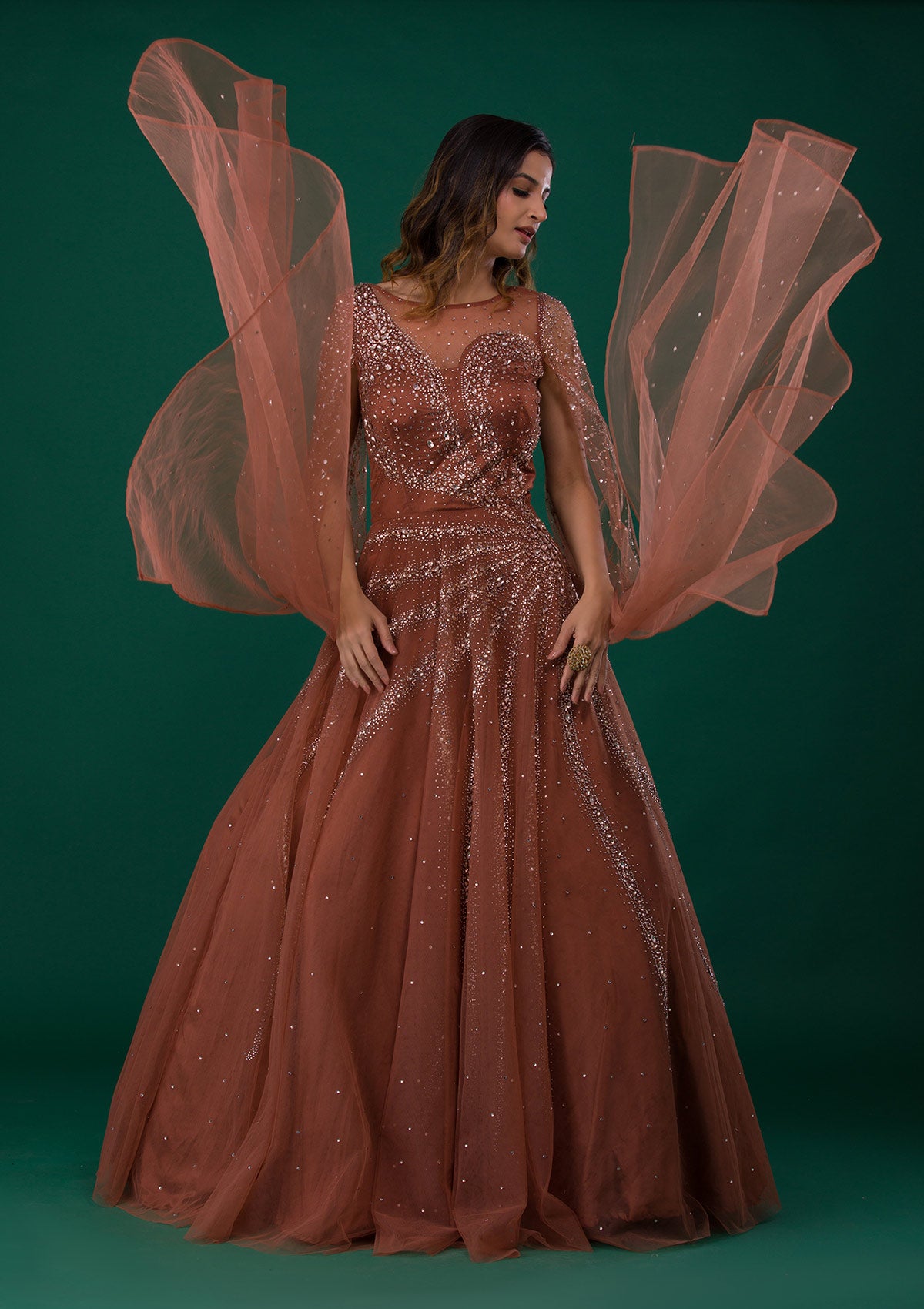 Buy Rust Stonework Net Designer Gown - Koskii