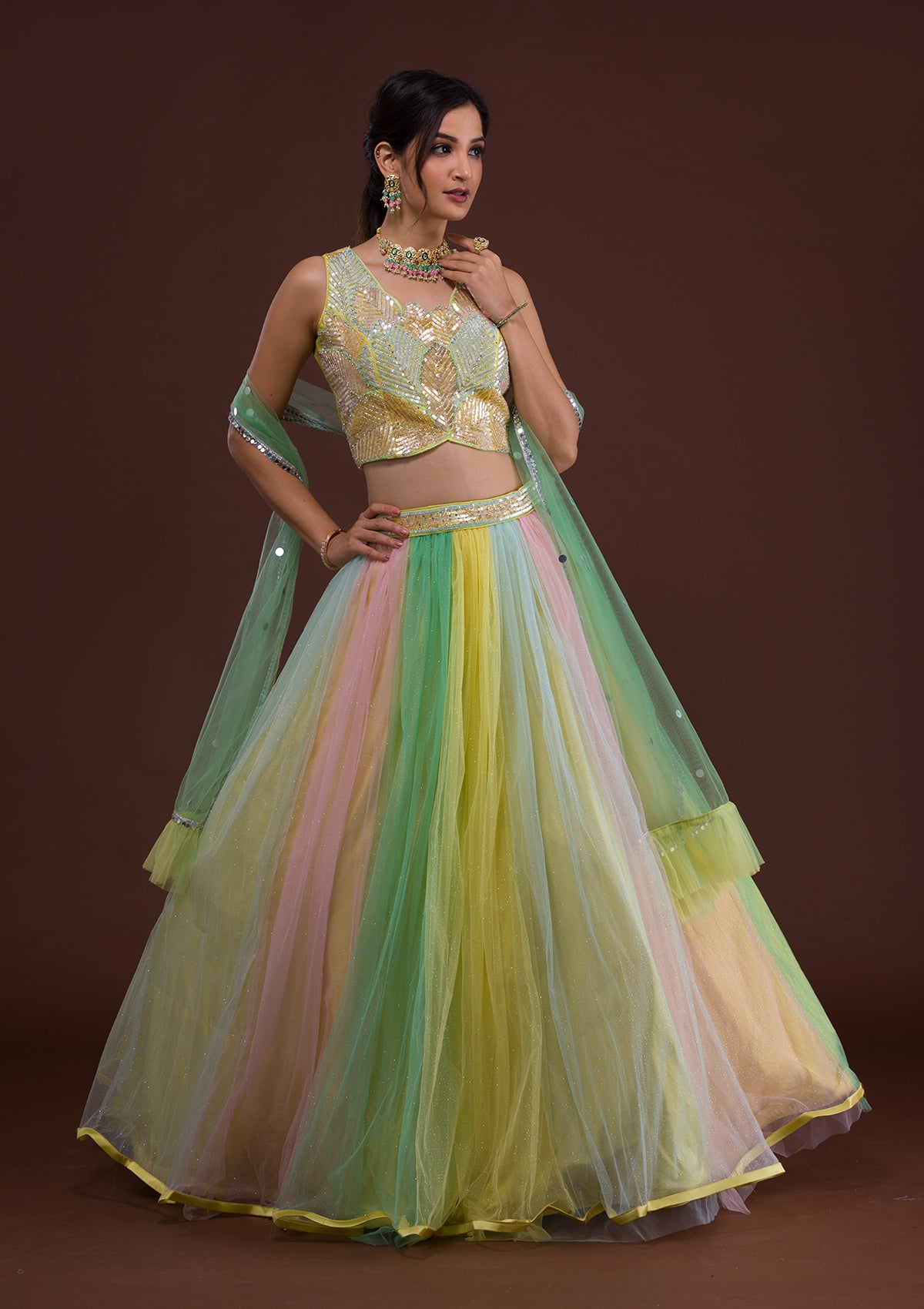 Buy Yellow Sequins Net Readymade Lehenga - Koskii